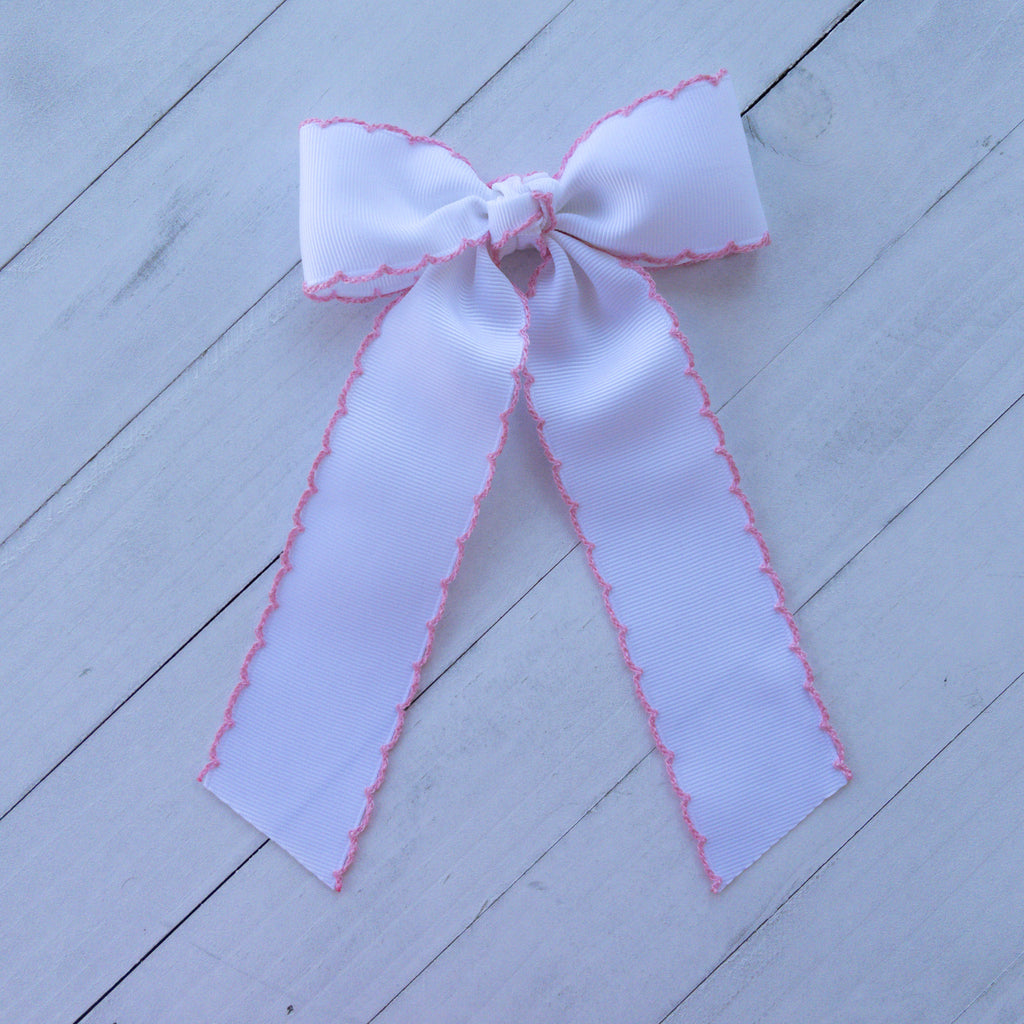 Hair Bow with Long Tails: Moonstitch - White / Pink – Little Bow Diddly